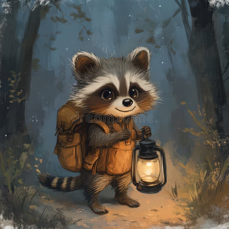 Raccoon in a Forest, Exploring with a Backpack and Glowing Lantern ...
