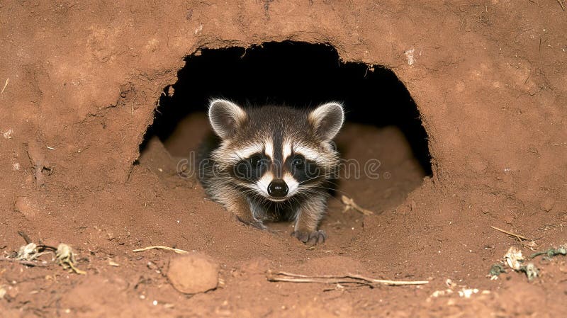 A Raccoon, Full of Curiosity, Peering Out from a Dirt Mound Stock Photo ...