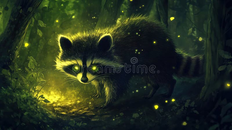 Raccoon with Glowing Eyes Exploring Enchanted Forest at Night Stock ...