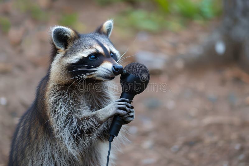 Raccoon with Head Tilted, Sniffing a Microphone Held by a Field ...