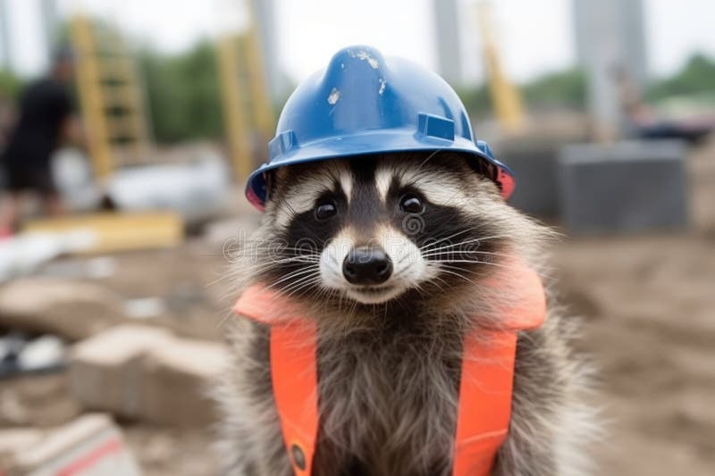 Raccoon in a Helmet of a Worker at a Construction Site Stock Photo ...