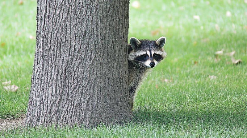 Raccoon Hiding Behind Tree, Park, Sunny Day, Nature Stock Photo - Image ...