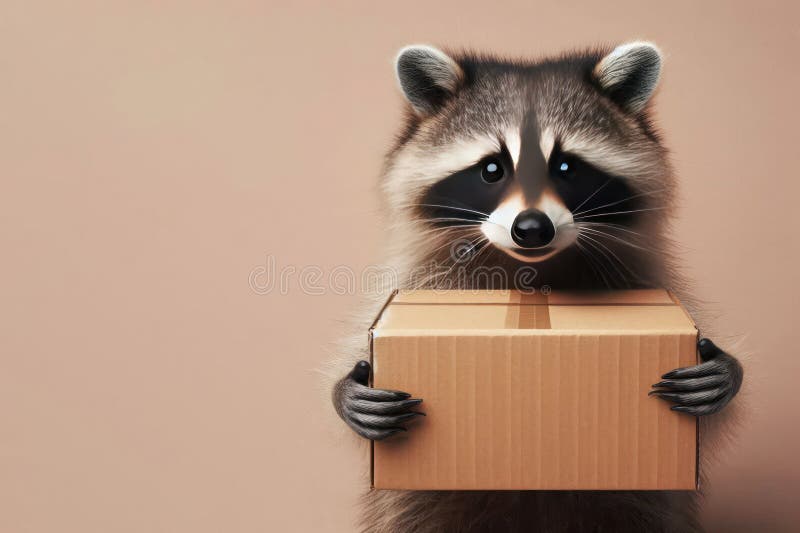 Raccoon Holding a Cardboard Box. Space for Text. Stock Photo - Image of ...