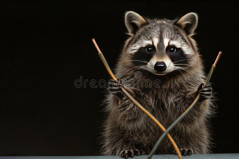 The Raccoon Holds Two Bare Electrical Wires. Space for Text. Stock ...