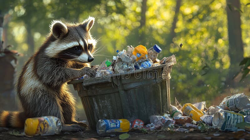 Raccoon Investigating Overflowing Trash Can in Forest Stock Photo ...