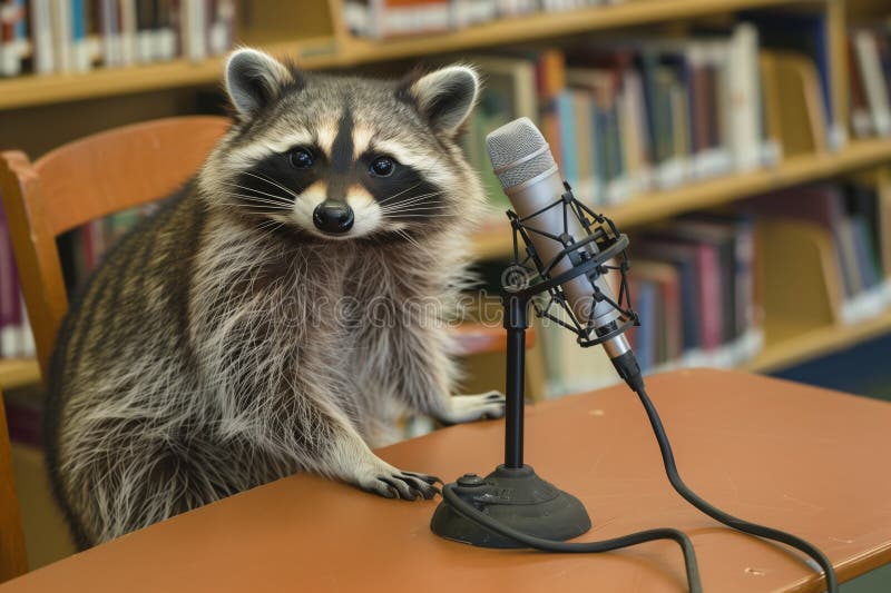 Raccoon in a Library, with a Microphone Set Up on a Table Stock Image ...