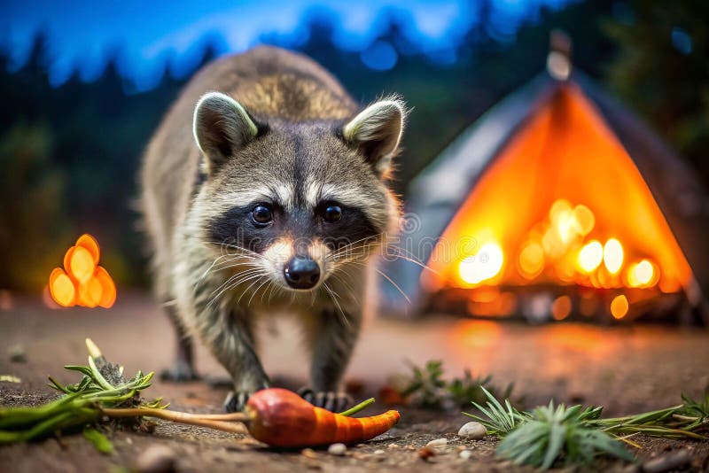 Raccoon Near Campfire, Tent at Dusk Stock Illustration - Illustration ...