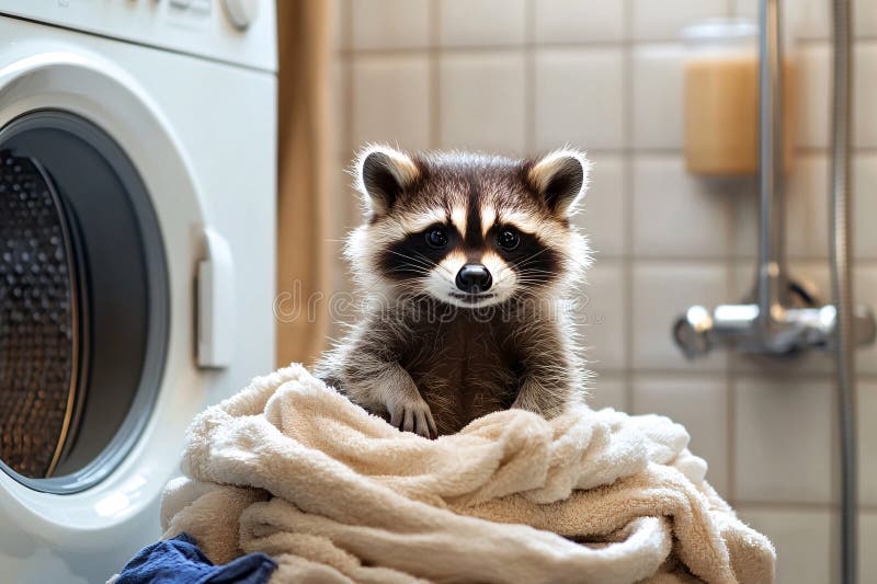 Raccoon Near Washing Machine with Clothes with Copy Space Stock ...