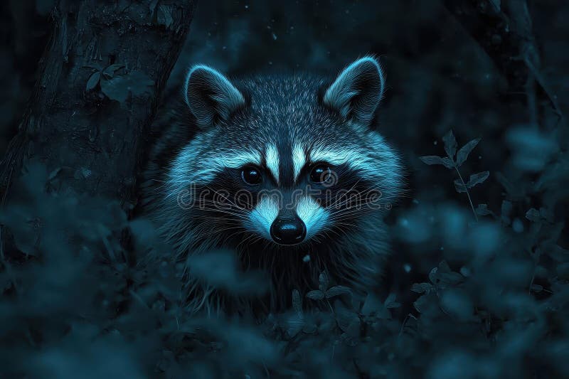 Raccoon in the Night, a Close Up of a Masked Bandit Stock Illustration ...