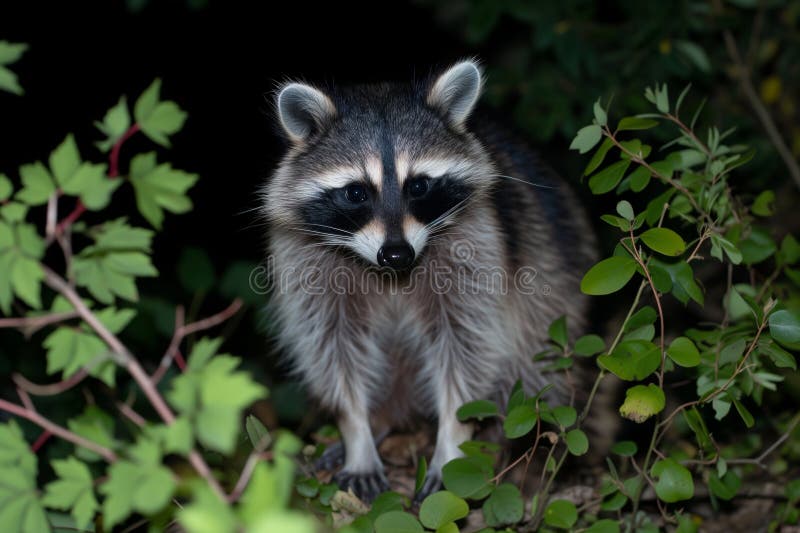Raccoon at Night, Eyes Glowing, Surrounded by Foliage Stock Image ...