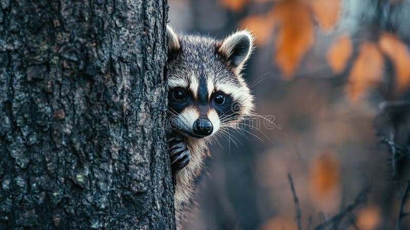 Raccoon Peeking Behind Tree Trunk Autumn Forest Stock Photos - Free ...