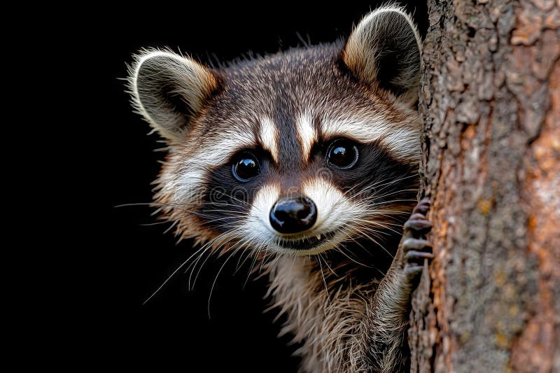A Raccoon Peeking Out from Behind a Tree Trunk Stock Photo - Image of ...