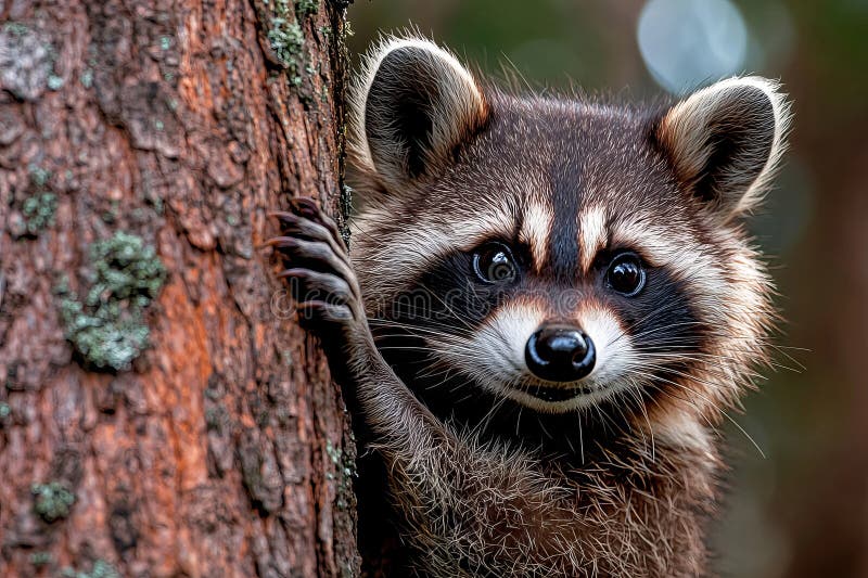 A Raccoon Peeking Out from Behind a Tree Trunk Stock Image - Image of ...