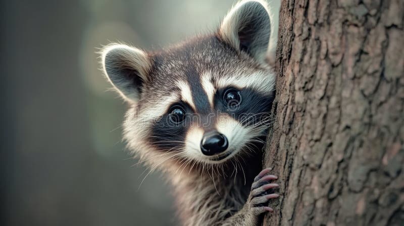 A Raccoon Peeking Out from Behind a Tree Trunk, AI Stock Photo - Image ...