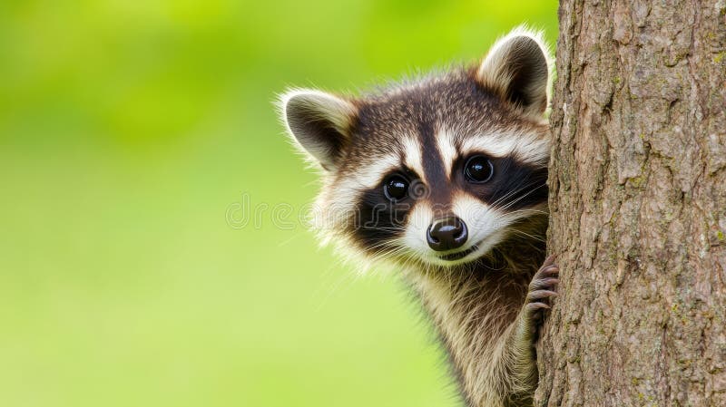 A Raccoon Peeking Out from Behind a Tree Trunk in the Woods, AI Stock ...