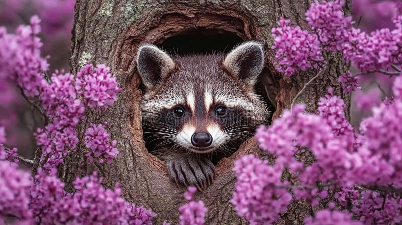 Raccoon Peeking Tree Hole, Spring Blossoms, Wildlife Stock Image ...