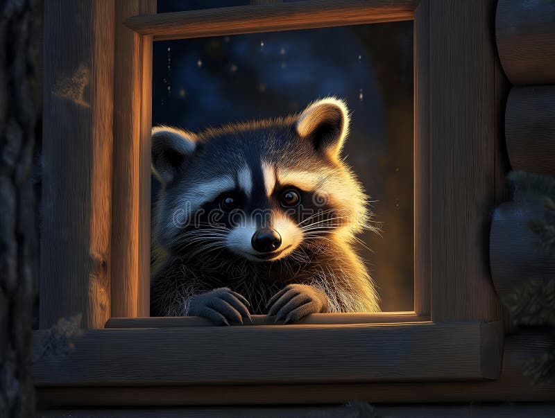 A Raccoon Peeking through a Window at Night, Soft Light and a Starry ...