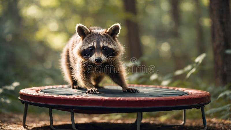 A Curious Raccoon on a Mini-Trampoline in a Sunny Forest Stock ...