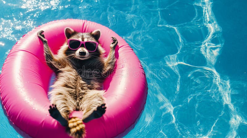 Raccoon Relaxing on Pink Pool Float Stock Illustration - Illustration ...