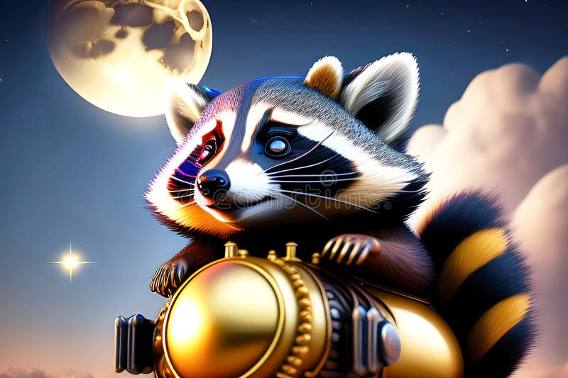 Raccoon Rides on a Rocket with Clouds, the Moon and a Star in the ...
