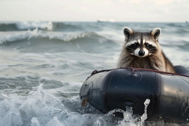 Raccoon in Rubber Dinghy, Waves Gently Rocking the Boat Stock Image ...