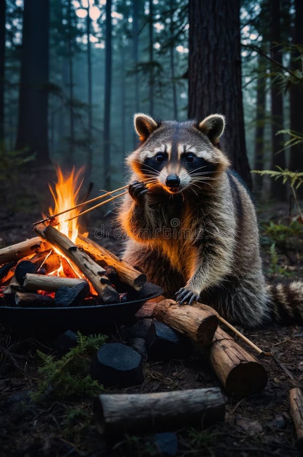 Charming Raccoon Roasting Marshmallows by Campfire in Dark Forest Stock ...