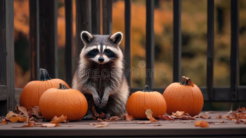 A Raccoon Sitting on a Deck with Pumpkins and Leaves, AI Stock Photo ...