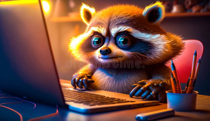 Raccoon Sitting in Front of Laptop Computer. Generative AI Stock ...