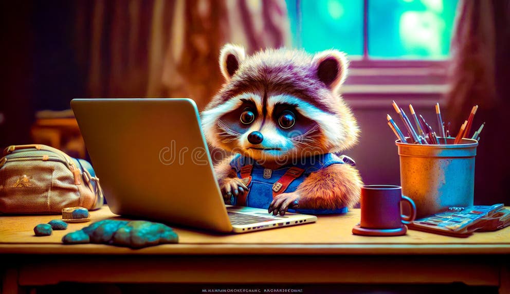 Raccoon Sitting in Front of Laptop Computer. Generative AI Stock ...