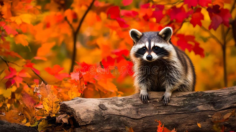 A Raccoon Sitting on a Log in the Woods Surrounded by Fall Leaves Stock ...