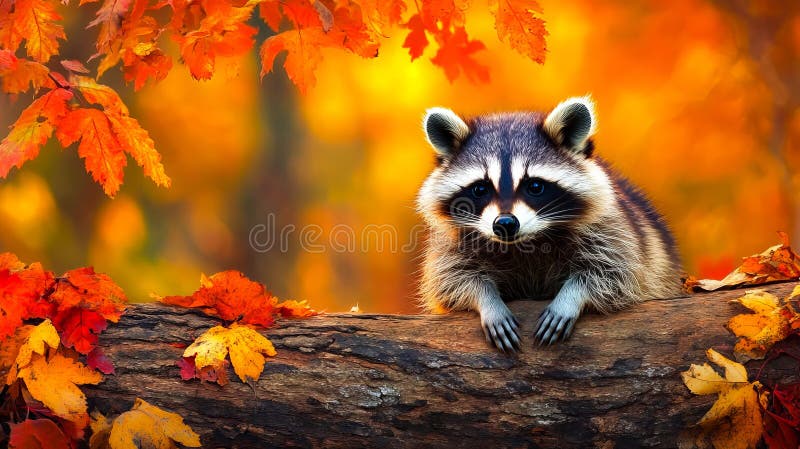 A Raccoon Sitting on a Tree Branch in the Fall Stock Image - Image of ...