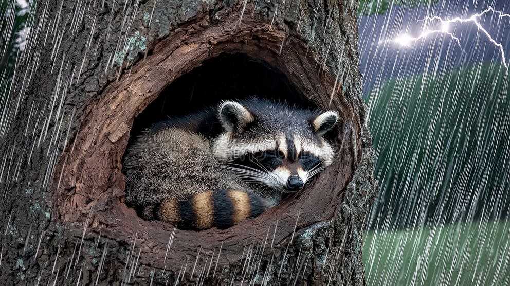 Raccoon Sleeping Tree Hollow, Rain Storm Stock Image - Image of woods ...