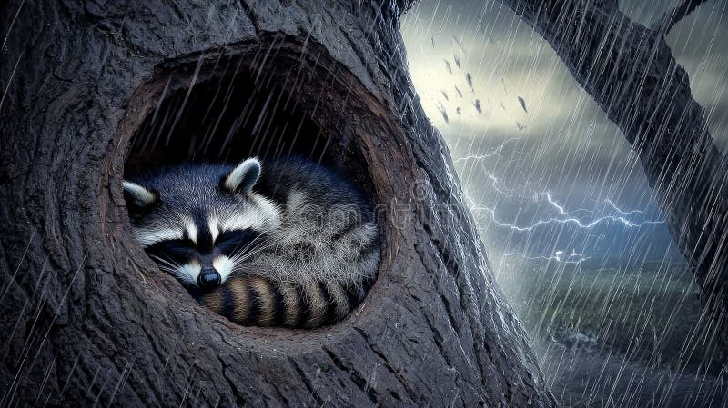 Raccoon Sleeping in Tree Hollow during Thunderstorm Stock Photo - Image ...