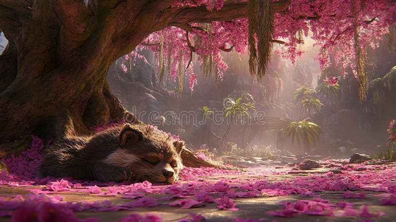 Raccoon Sleeping Under Pink Blossom Tree, Jungle Background, Game Asset ...