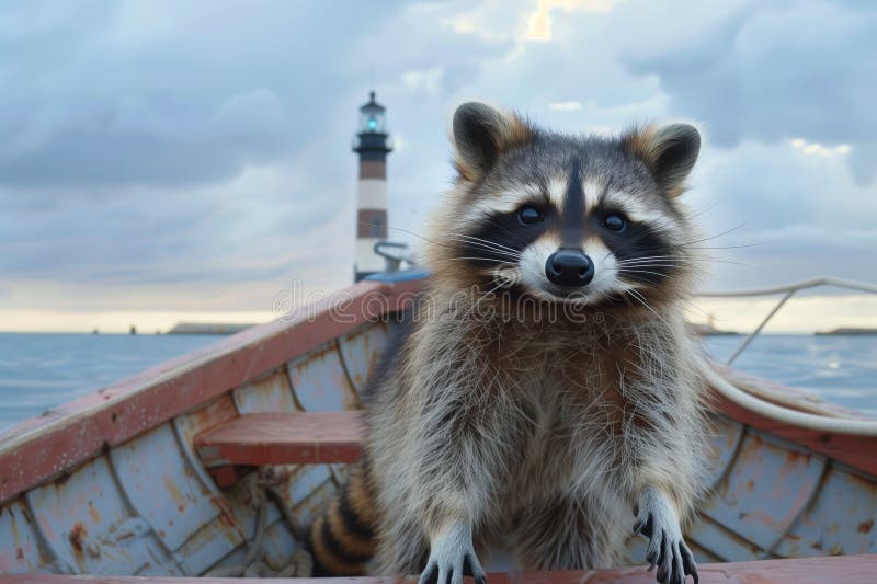 Raccoon in Small Boat, Lighthouse Visible in the Distance Stock Photo ...
