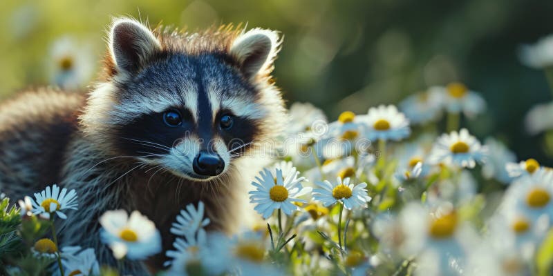 Raccoon Spring Time. in Chamomile Flowers Stock Illustration ...
