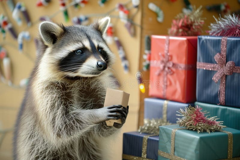 Raccoon beside Stack of Gift Boxes, Holding One Stock Image - Image of ...
