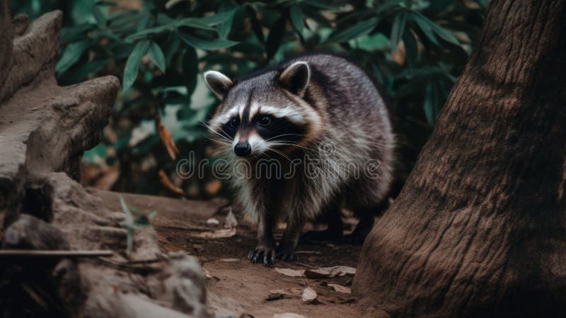 A Raccoon Standing in Front of a Tree Trunk. Generative AI Image. Stock ...