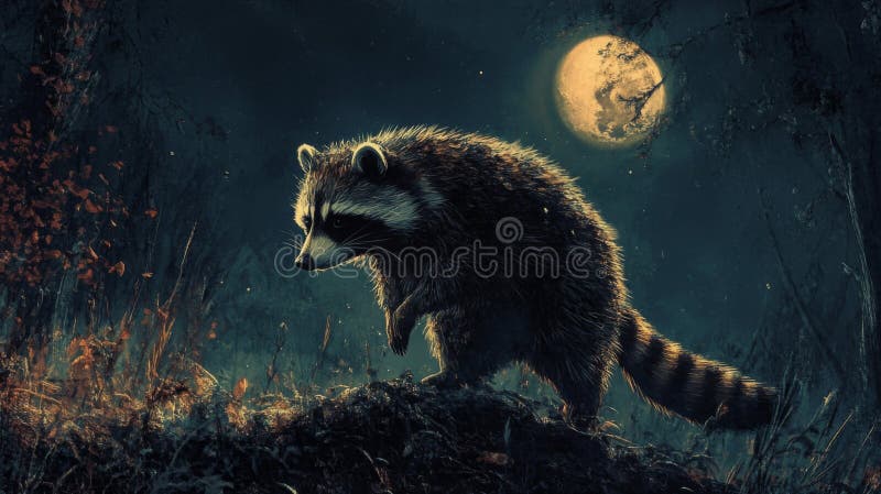 Raccoon Standing Under a Full Moon in a Dark Forest Stock Illustration ...