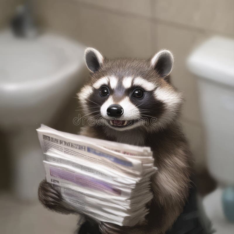 A Raccoon Stands in a Bathroom, Curiously Holding a Stack of Newspapers ...