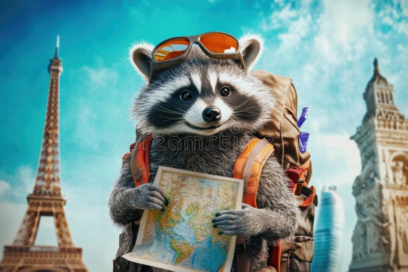 Raccoon Explores Iconic World Landmarks with a Map and Backpack on an ...