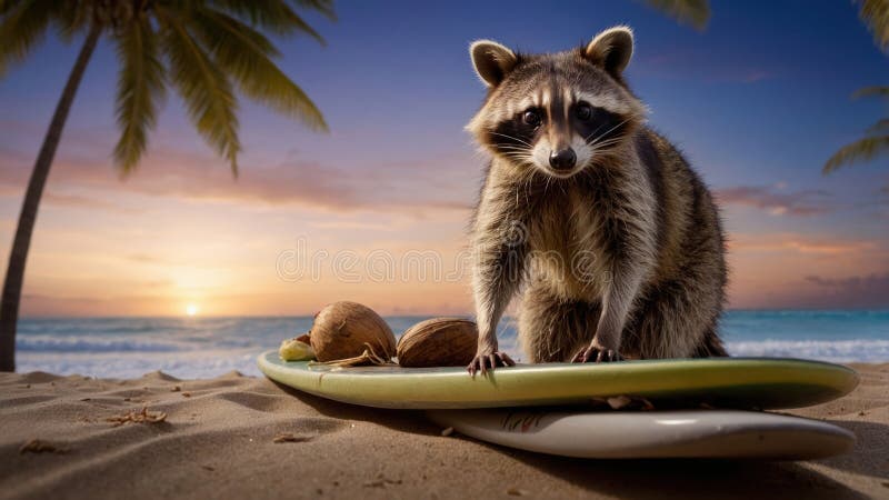 Adorable Raccoon on Tropical Beach with Surfboard at Sunset Stock ...