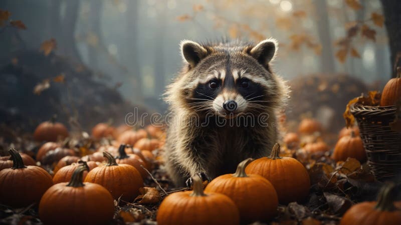 Adorable Raccoon Amidst Autumn Pumpkins in a Misty Forest Stock ...