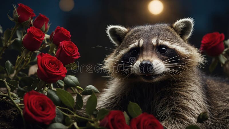 Romantic Raccoon Portrait with Red Roses Stock Illustration ...