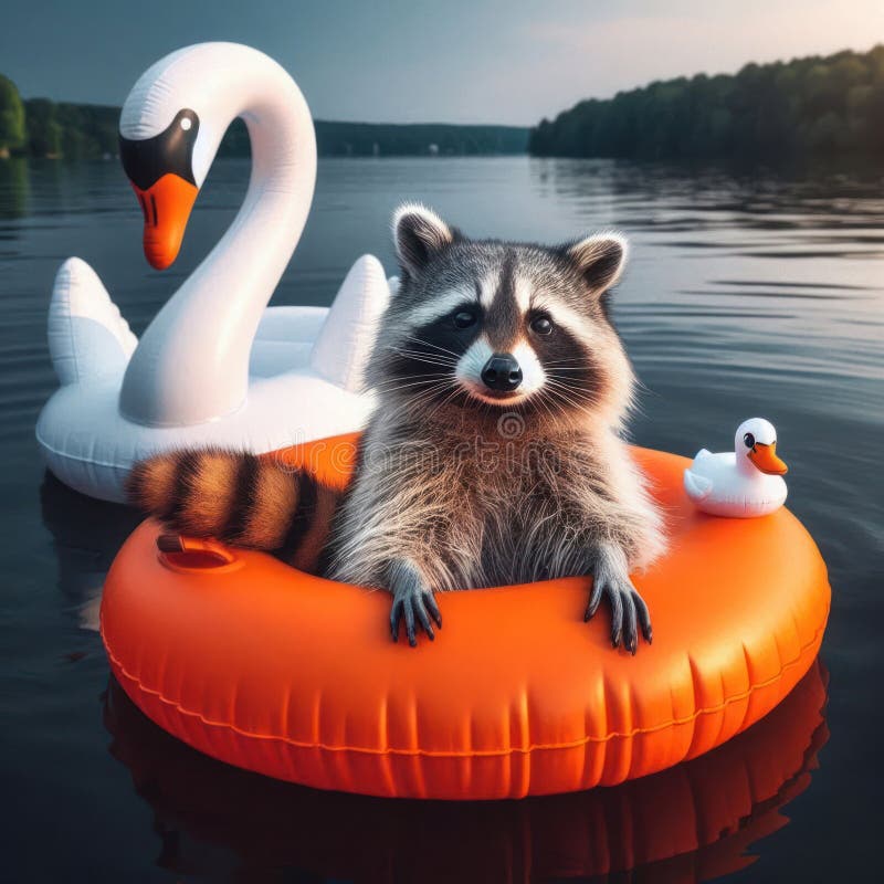 A Raccoon Swims on an Inflatable Ring. Stock Image - Image of leisure ...