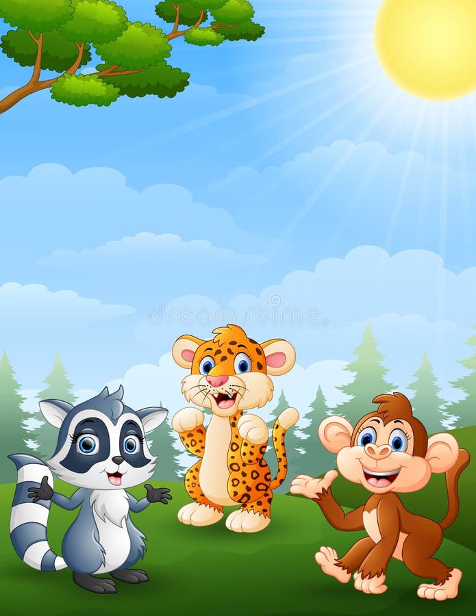 Raccoon, Tiger and Monkey Cartoon in the Jungle Stock Vector ...