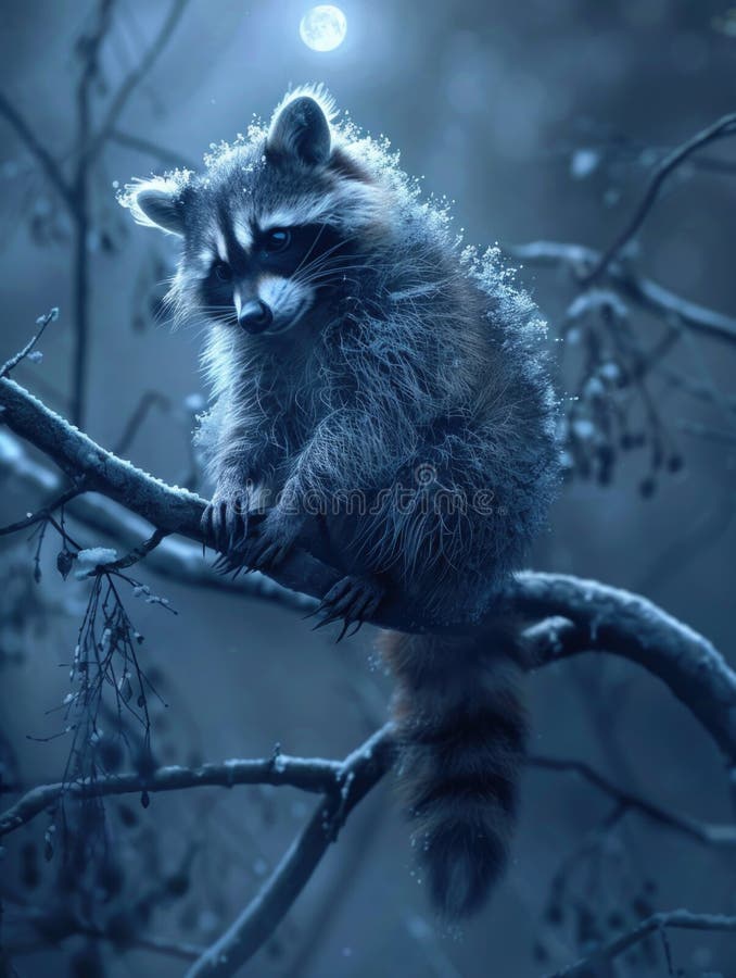 Raccoon on Tree Branch at Night Stock Image - Image of branch ...