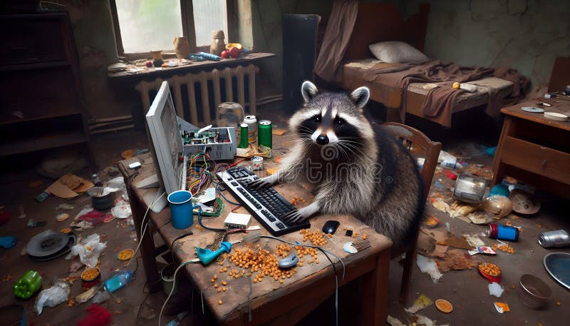 A Raccoon is Using a Desktop Computer in an Old Room Stock Illustration ...