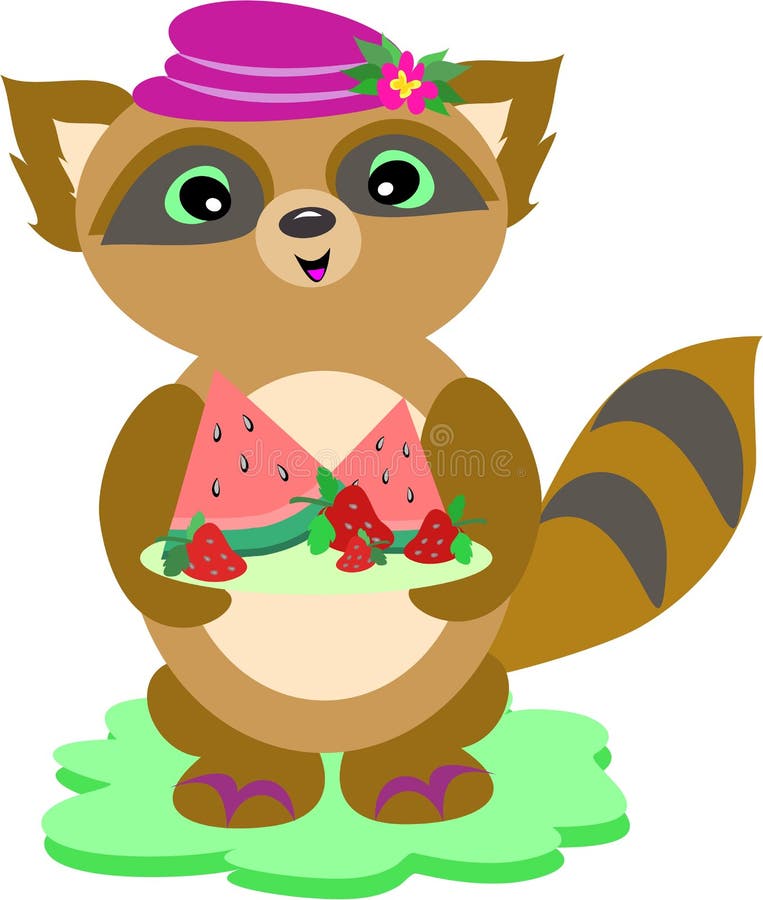 Raccoon with Watermelon and Strawberries Stock Vector - Illustration of ...