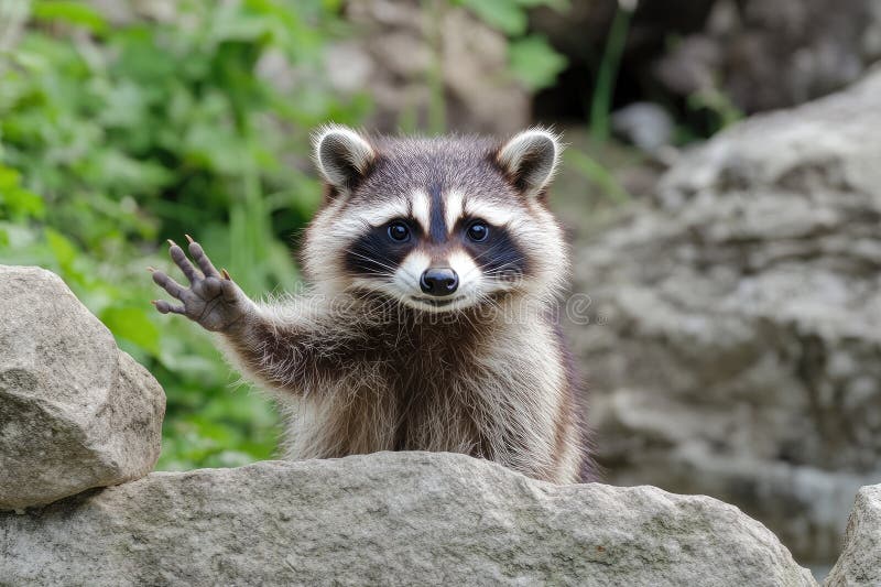 Raccoon Waving with Its Paw on a Rock Stock Illustration - Illustration ...